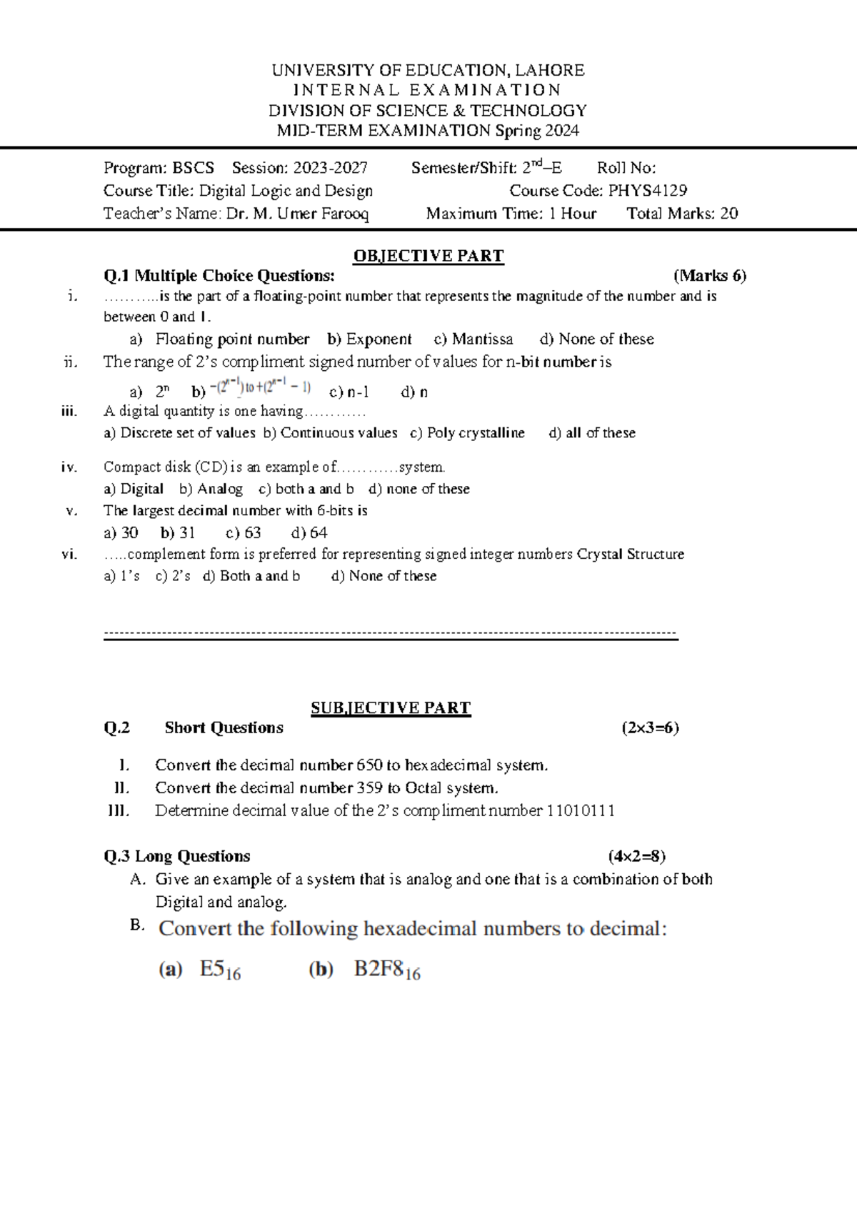 DLD-mid - Dld mid term - UNIVERSITY OF EDUCATION, LAHORE I N T E R N A L E X A M I N A T I O N ...