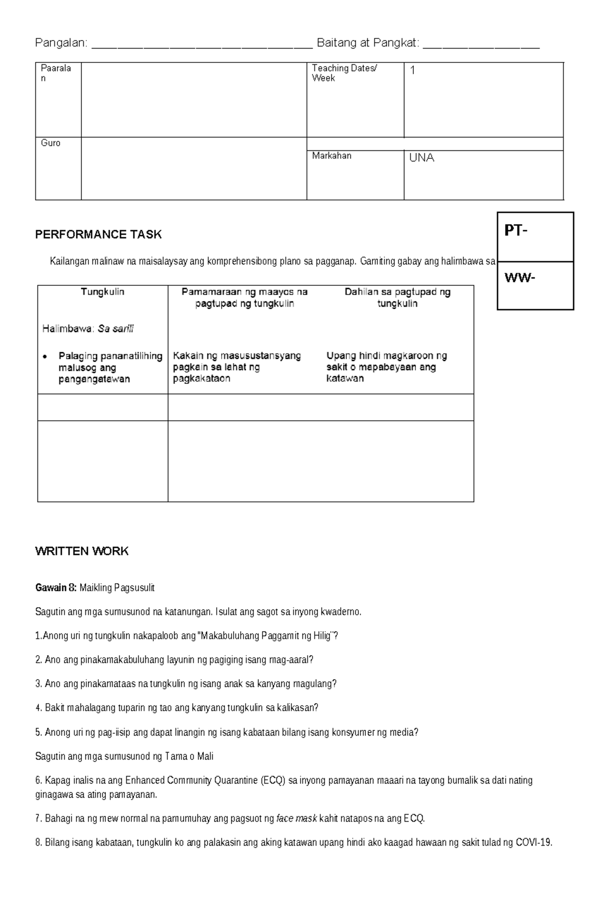 Activitiy- Sheet- Template-ESP W1 - Pangalan: __________________________________ Baitang at ...