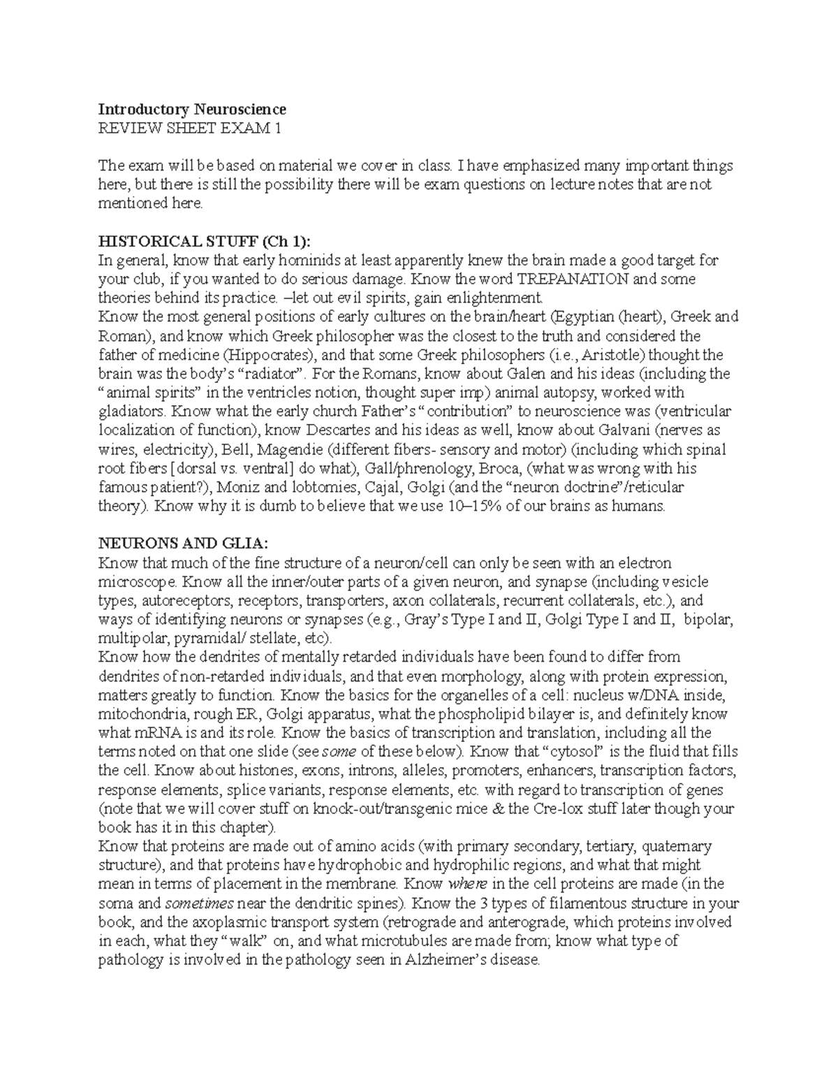 Exam 1 Review Sheet - Professor Julia Peterman - Introductory ...