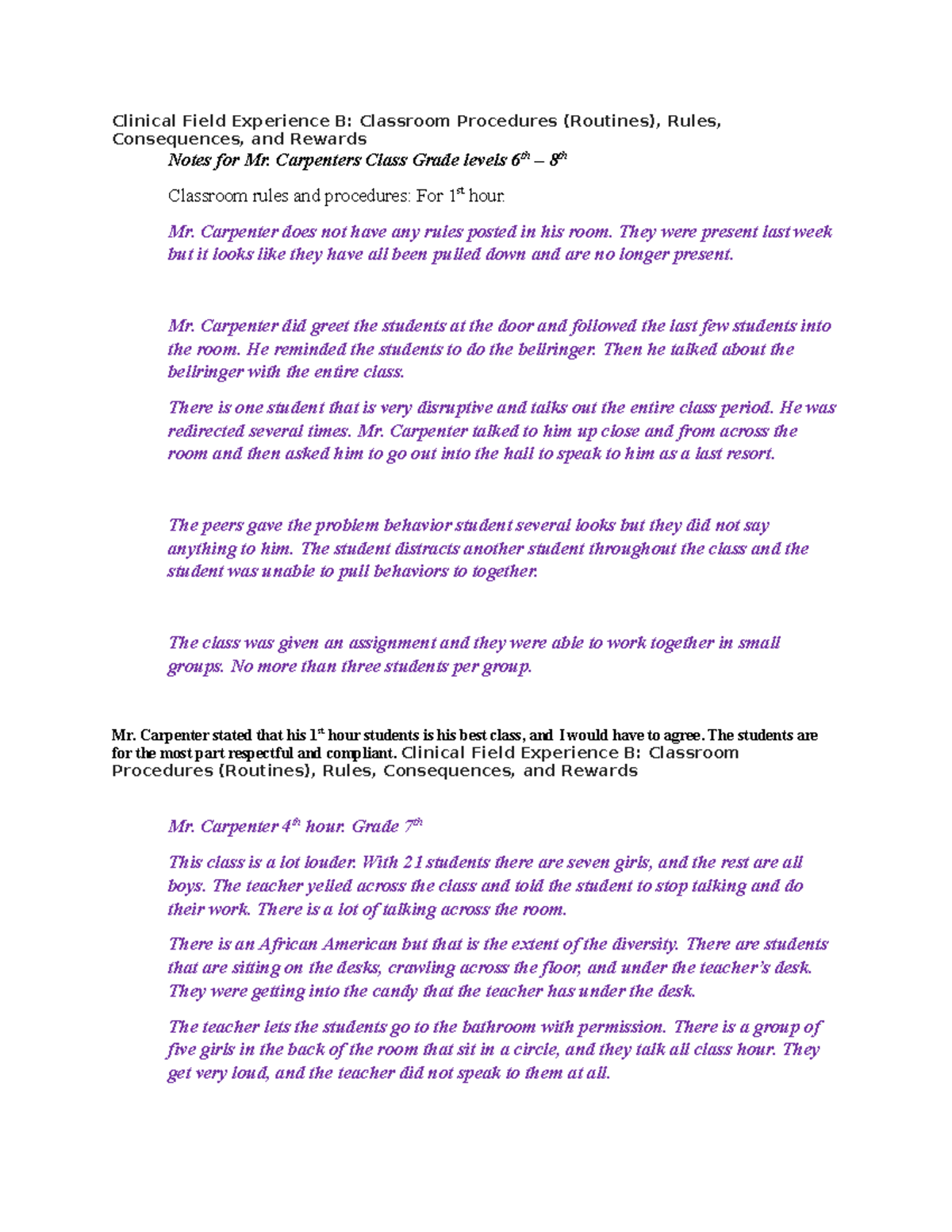 Observation Hours for ELM 250 Part B Final SLB - Clinical Field ...