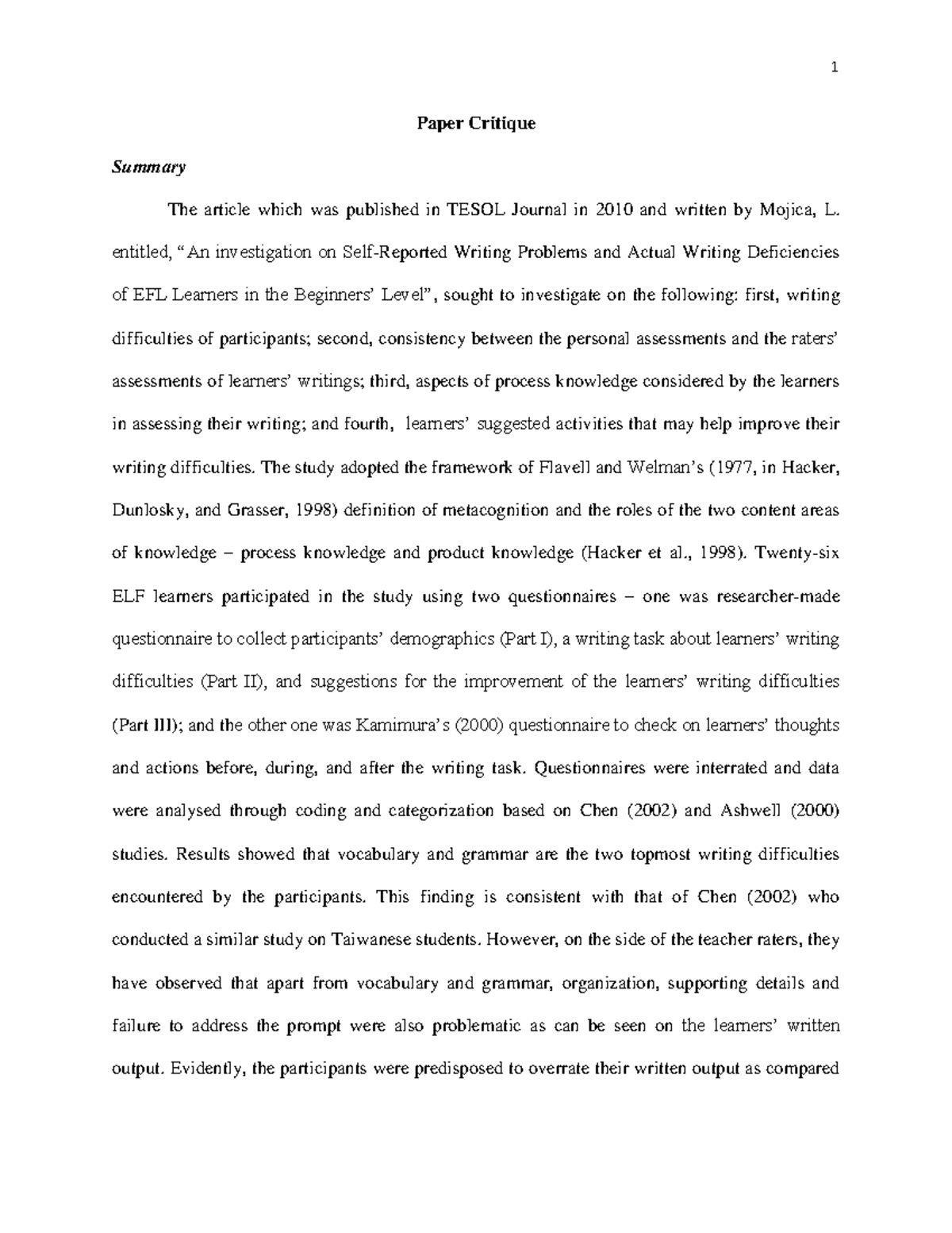 Sample Critique pdf - 1 Paper Critique Summary The article which was ...