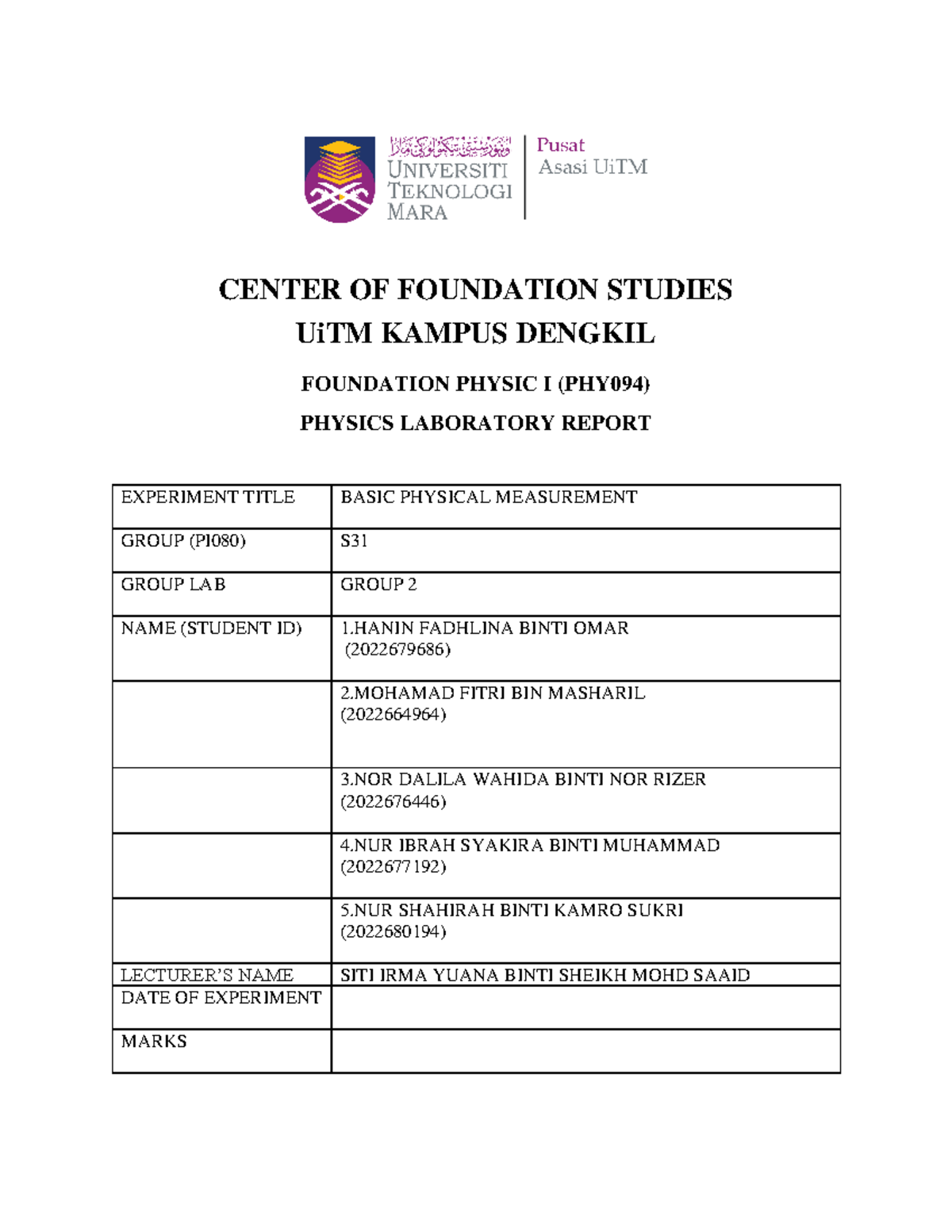 LAB Report PHY S31 ( Group 2) - CENTER OF FOUNDATION STUDIES UiTM KAMPUS DENGKIL FOUNDATION ...