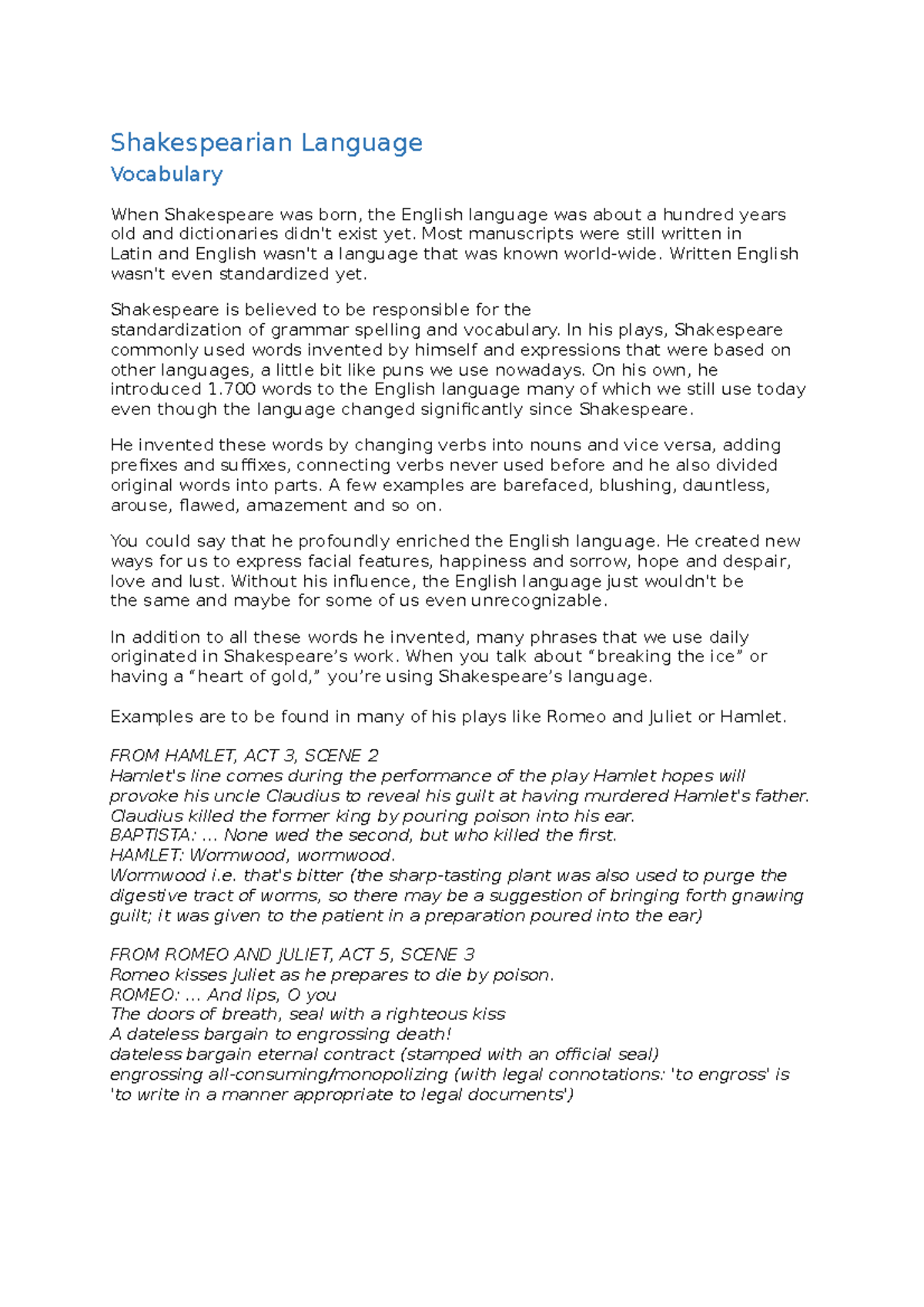 Shakespearian Language - Shakespearian Language Vocabulary When ...