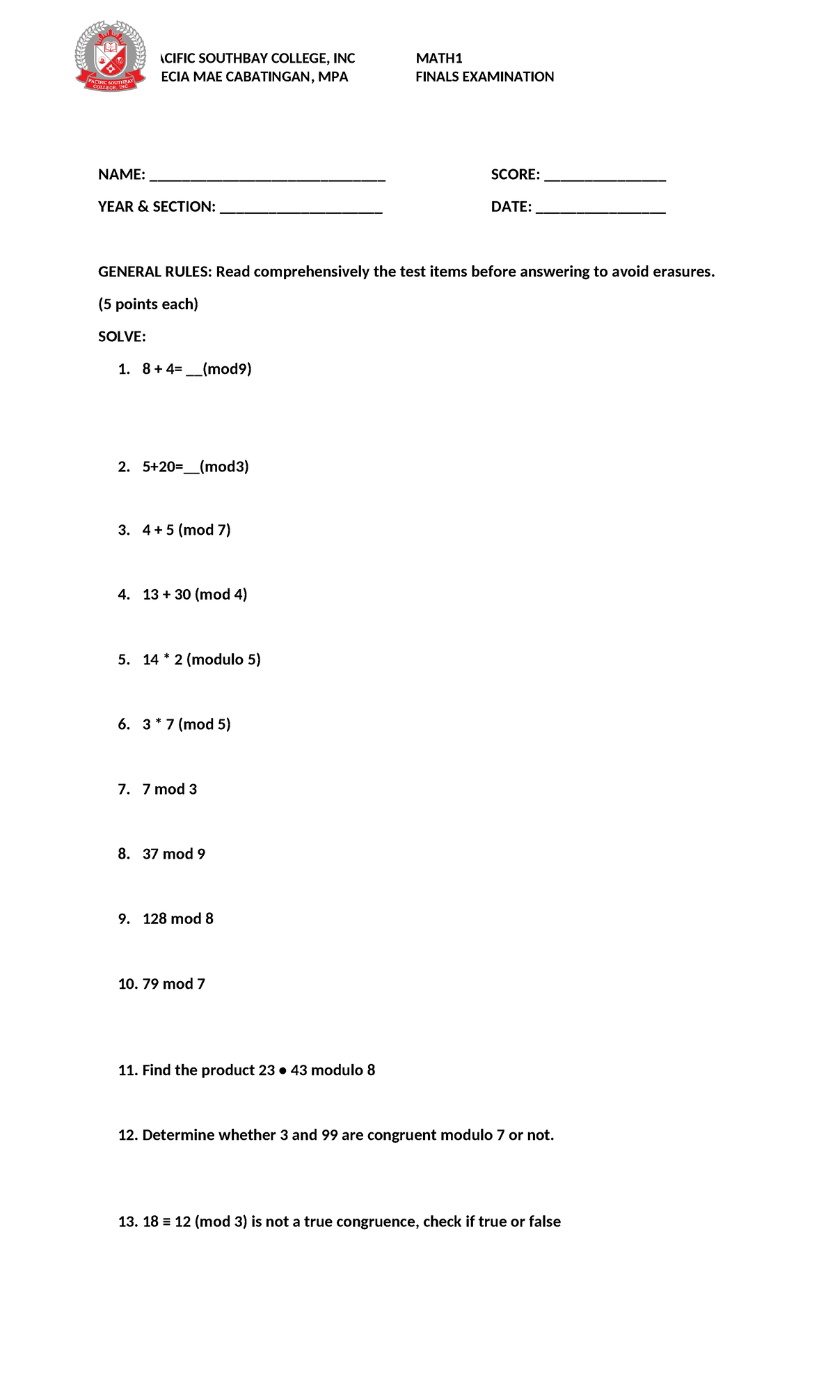 MATH1 Finals - TRECIA MAE CABATINGAN, MPA FINALS EXAMINATION NAME