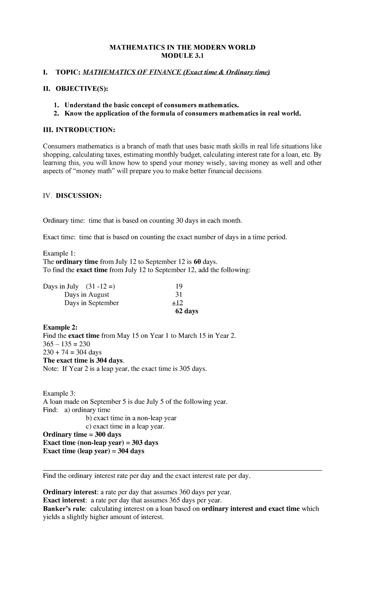 MMW Module 3.1 - Mathematics of Finance (Exact time & Ordinary time ...