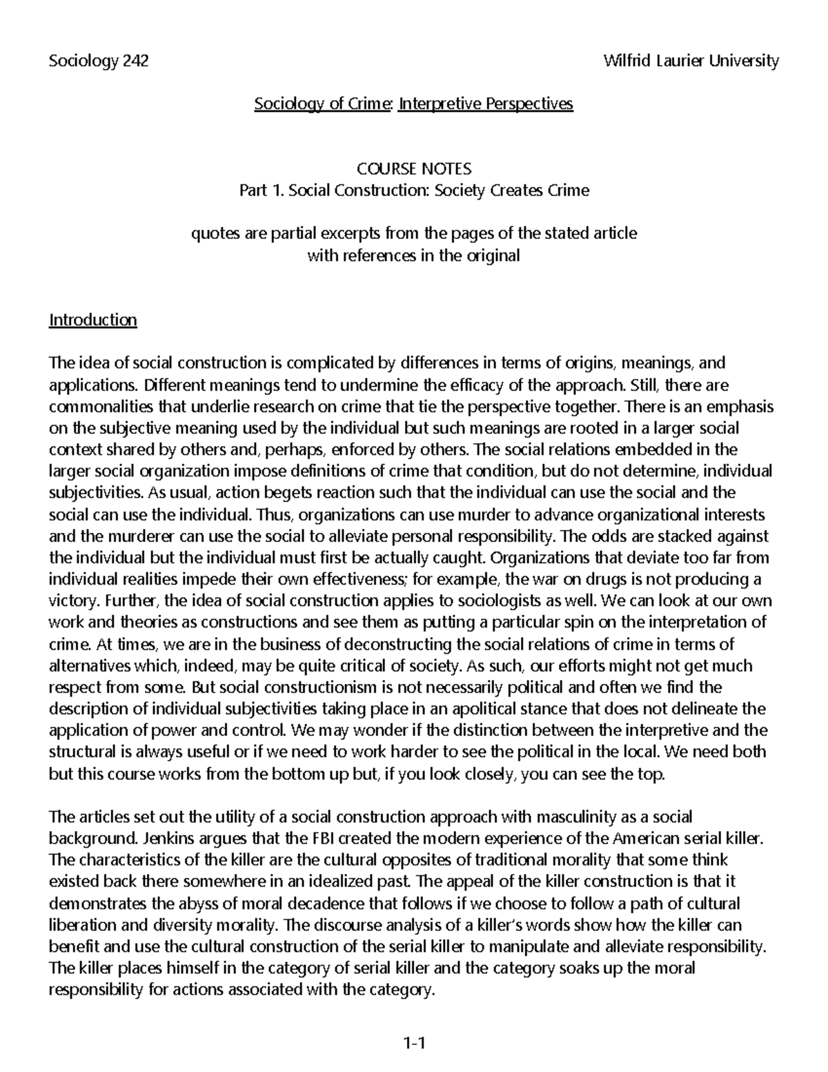 Part 1 - notes - Sociology 242 Wilfrid Laurier University Sociology of ...