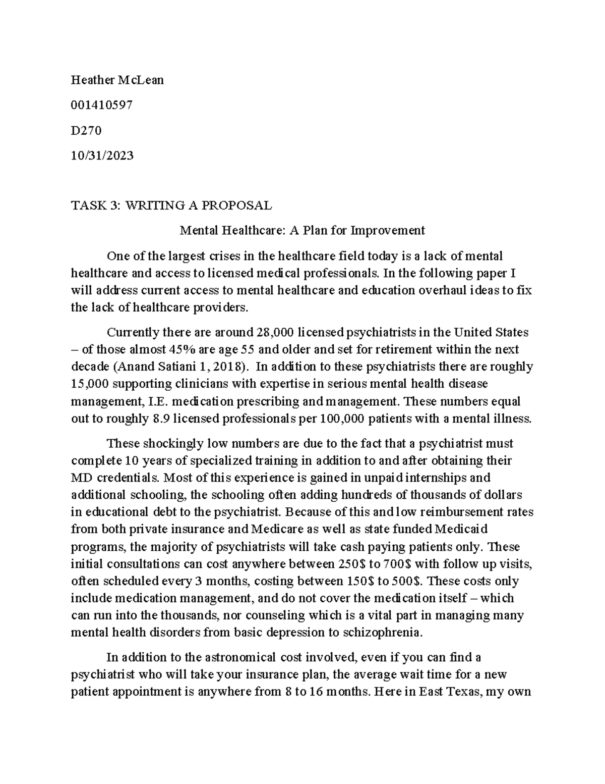 D270 Task 3 - Heather McLean 001410597 D 10/31/ TASK 3: WRITING A ...