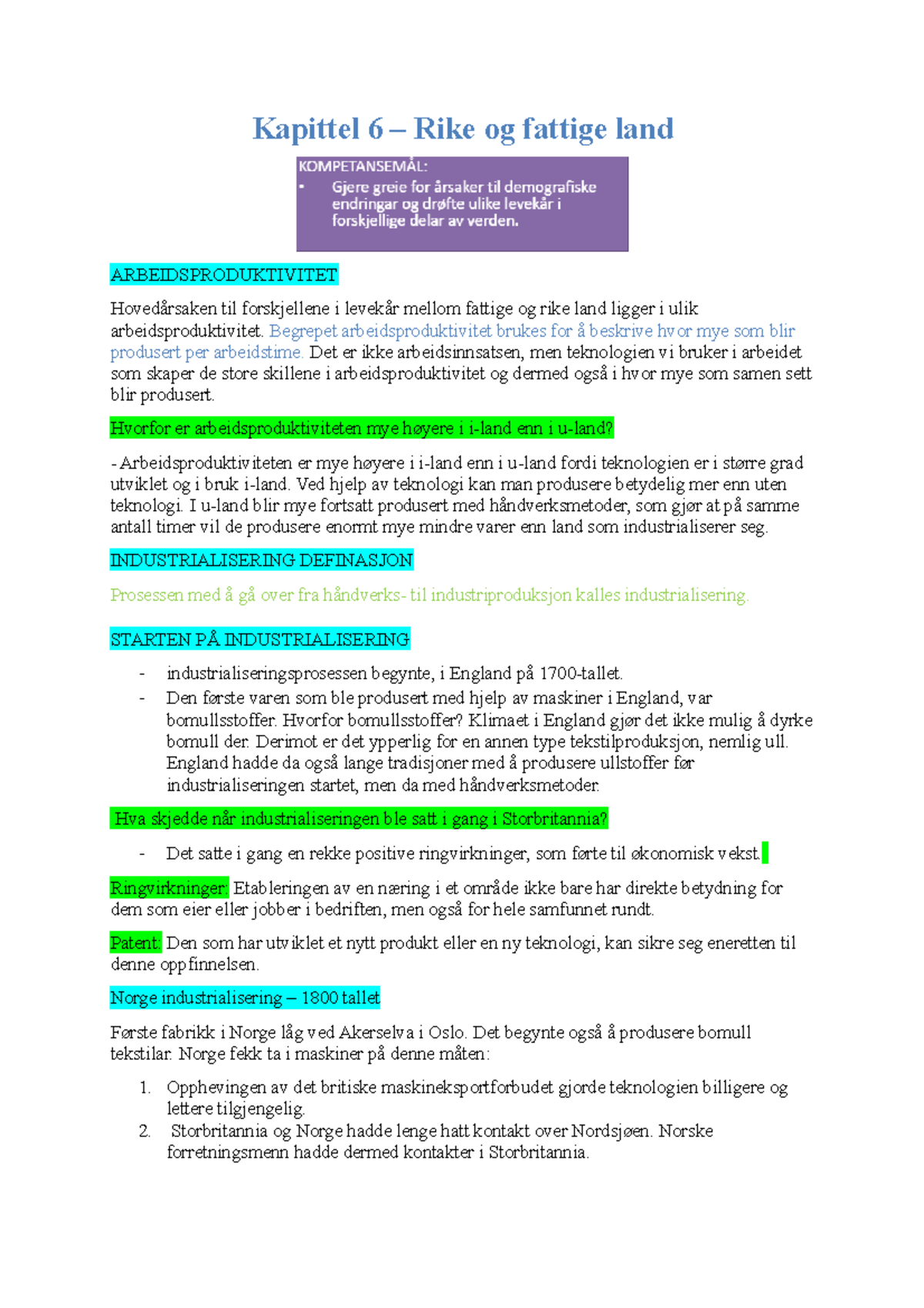 Sammendrag kapittel 6 - lol - Kapittel 6 – Rike og fattige land ARBEIDSPRODUKTIVITET ...