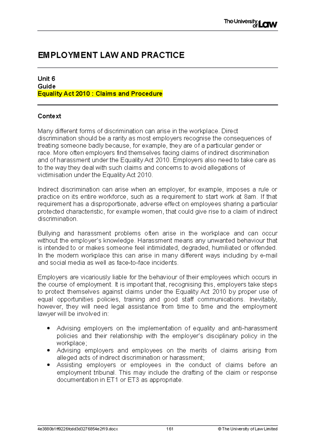 Employment Law WS 6 Indirect Discrimination - EMPLOYMENT LAW AND ...