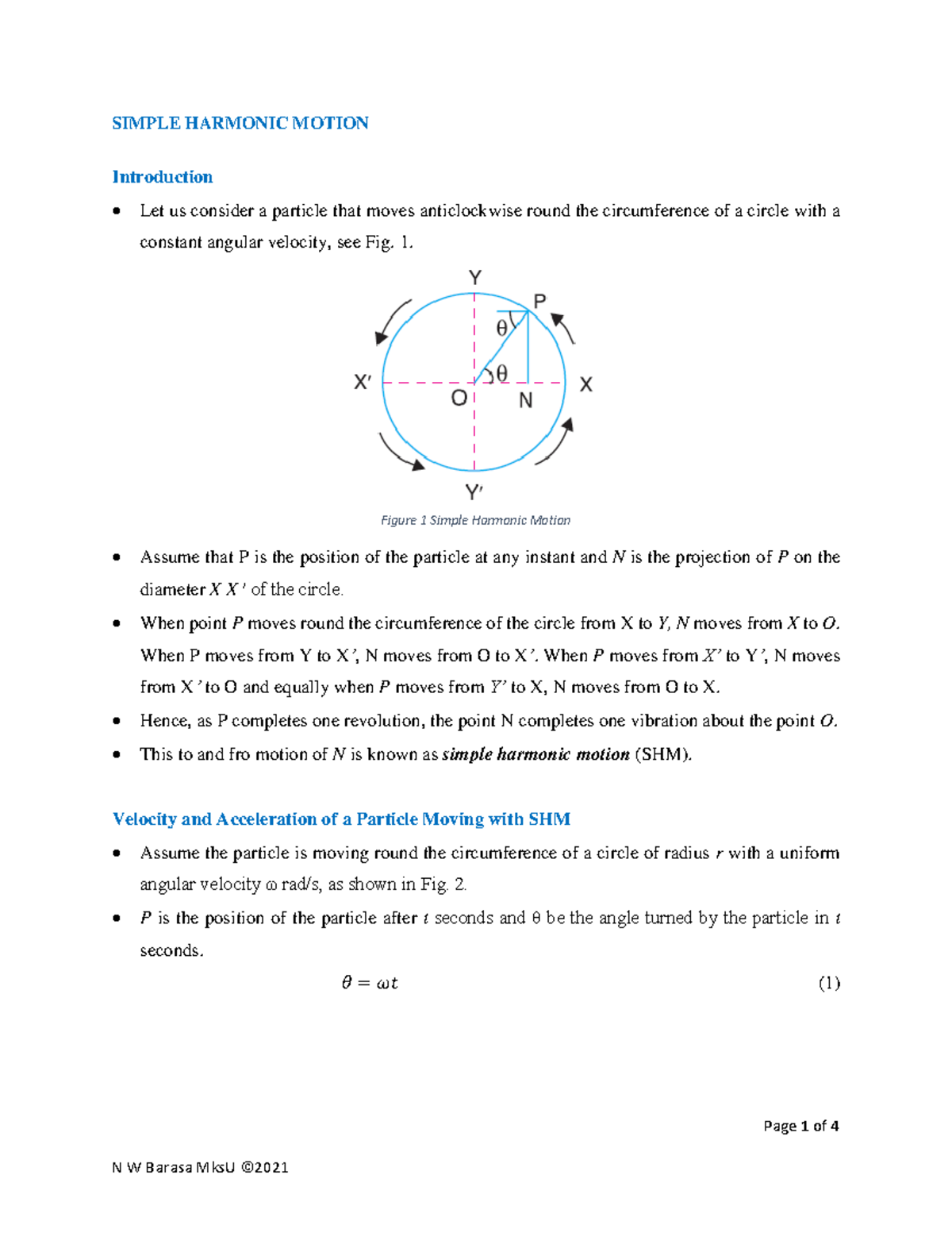Topic 1 Simple Harmonic motion - Page 1 of 4 SIMPLE HARMONIC MOTION ...
