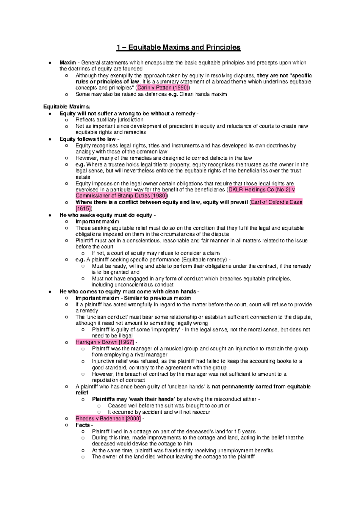 Equity Notes 1 Equitable Maxims And Principles • Maxim General Statements Which