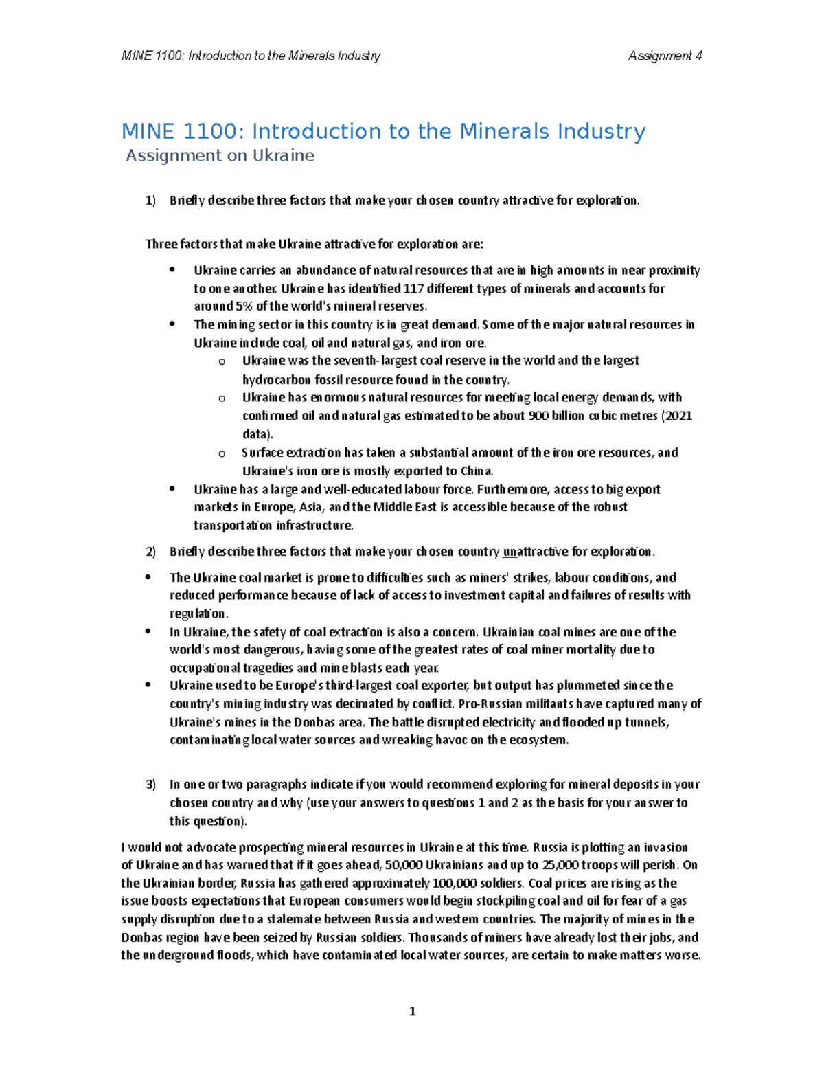 Module 4 mine 1100 Assignment 202210 - MINE 1100: Introduction to the Minerals Industry ...