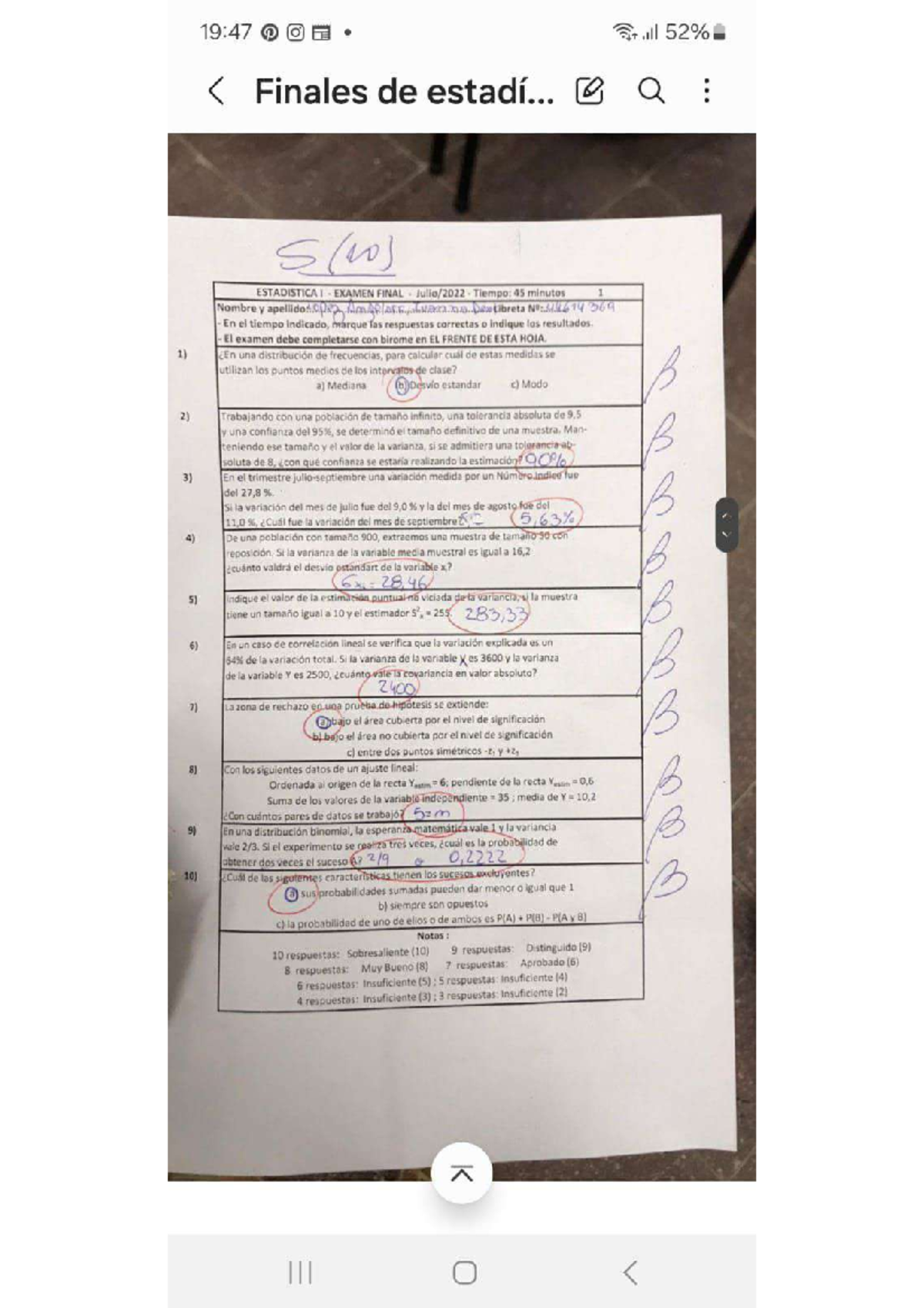 Estadistica Examen final -Respuestas - (10) ESTADISTICA I EXAMEN FINAL . Tiempo: 45 minutos 1 ...