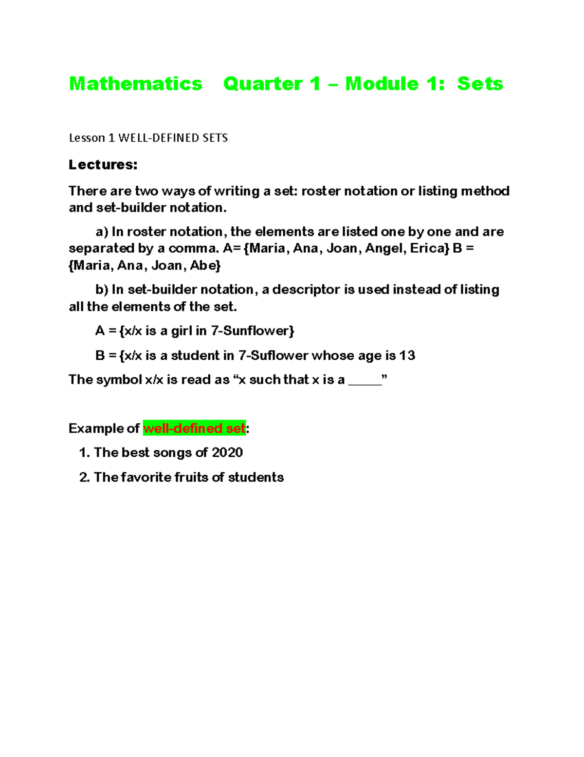 Lecture - Mathematics Quarter 1 – Module 1: Sets Lesson 1 WELL-DEFINED ...