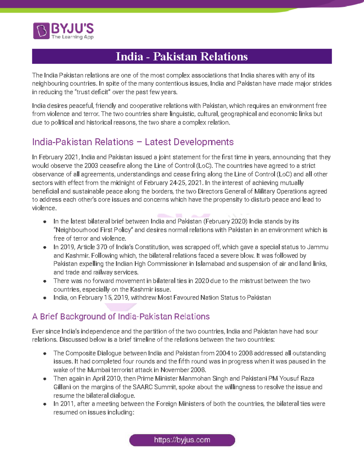 India-Pakistan-Relations in terms of economy, conflicts, agreement and ...