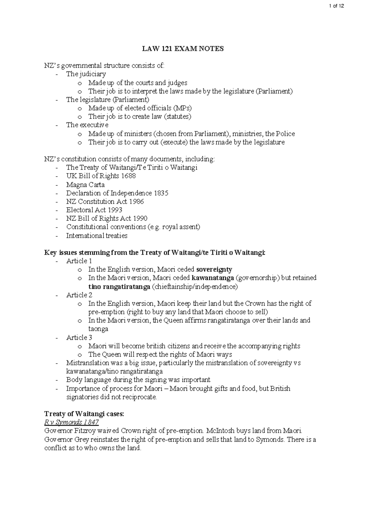 Law121notes - notes - LAW 121 EXAM NOTES NZ’s governmental structure ...
