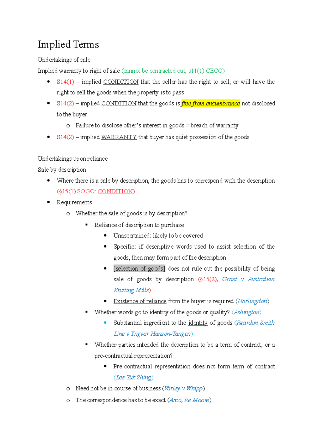 4 Implied Terms Notes Implied Terms Undertakings Of Sale Implied