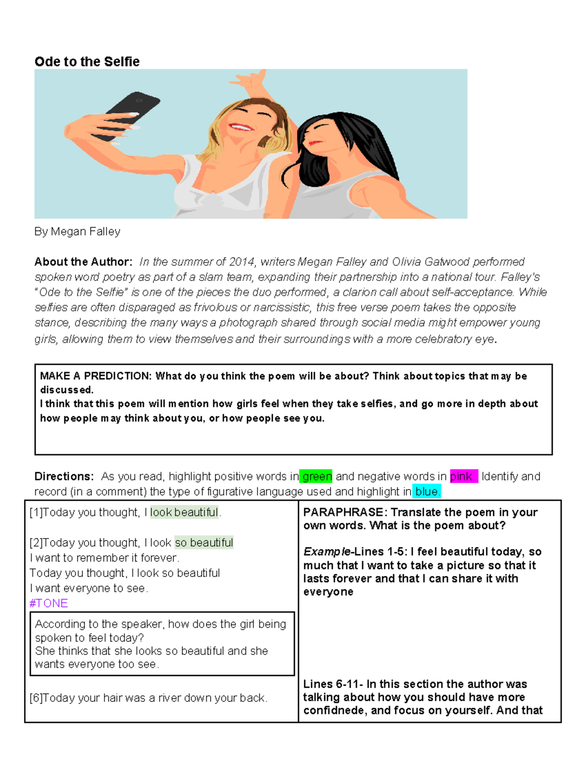 Close Read Ode to the Selfie by Megan Falley - Ode to the Selfie By Megan Falley About the ...