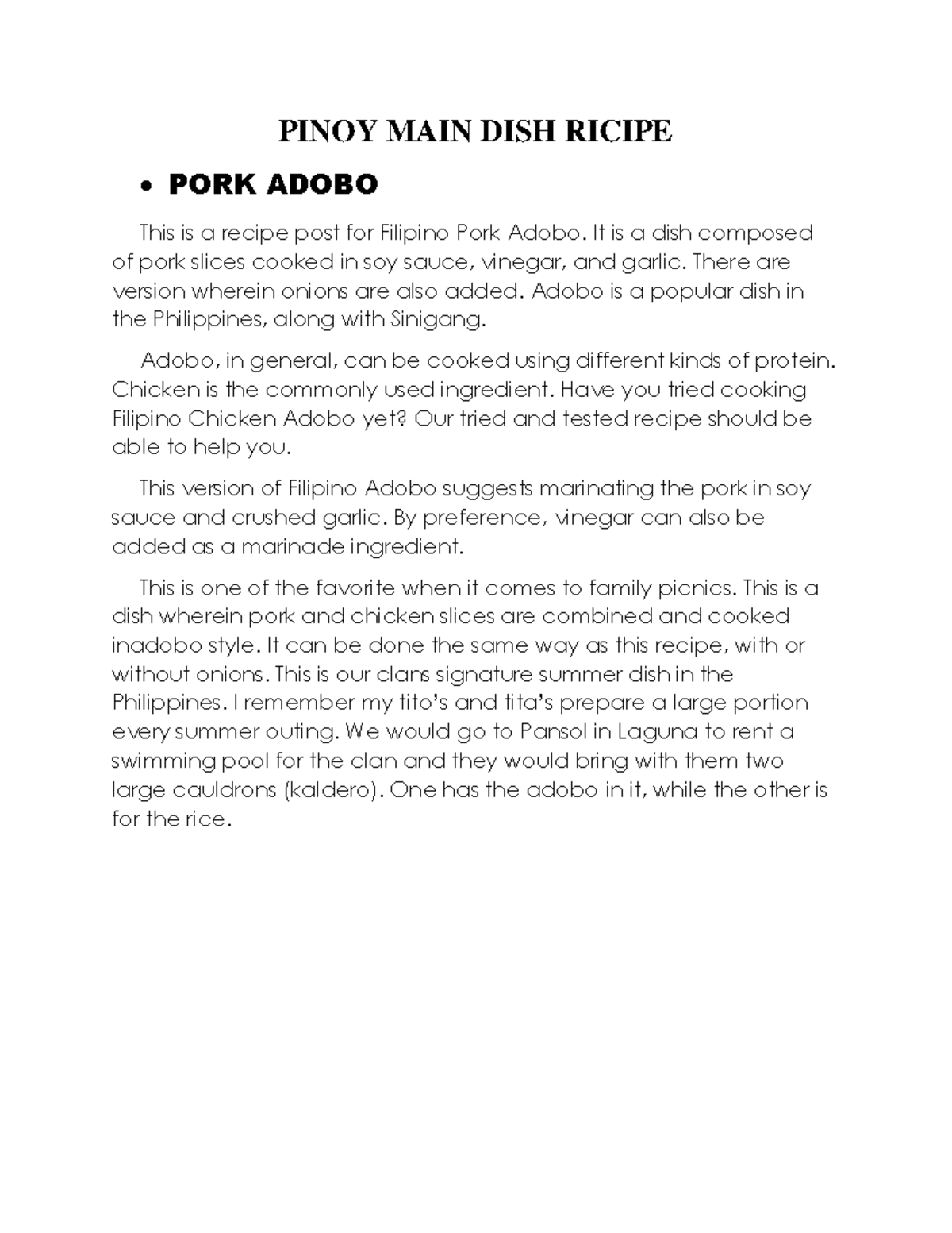 Pinoy Recipes - PINOY MAIN DISH RICIPE PORK ADOBO This is a recipe post ...