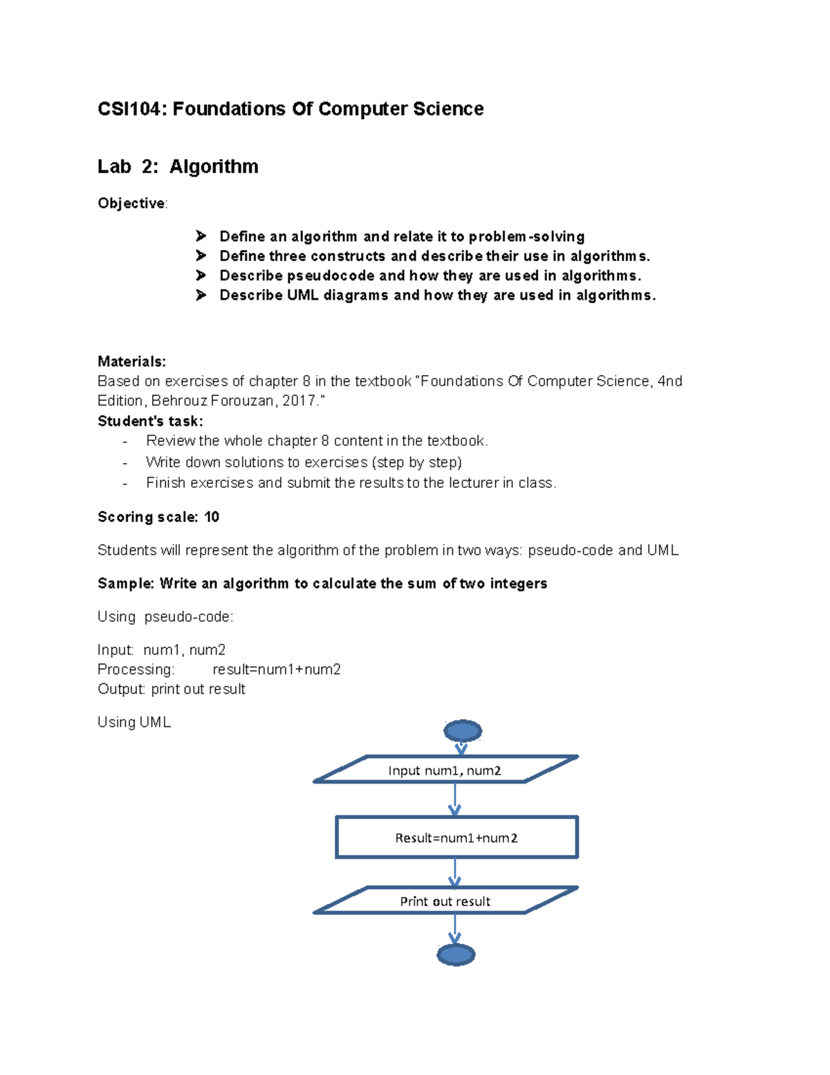 Lab 02 Legit Csi104 Foundations Of Computer Science Lab 2 Algorithm Objective Define An 2977