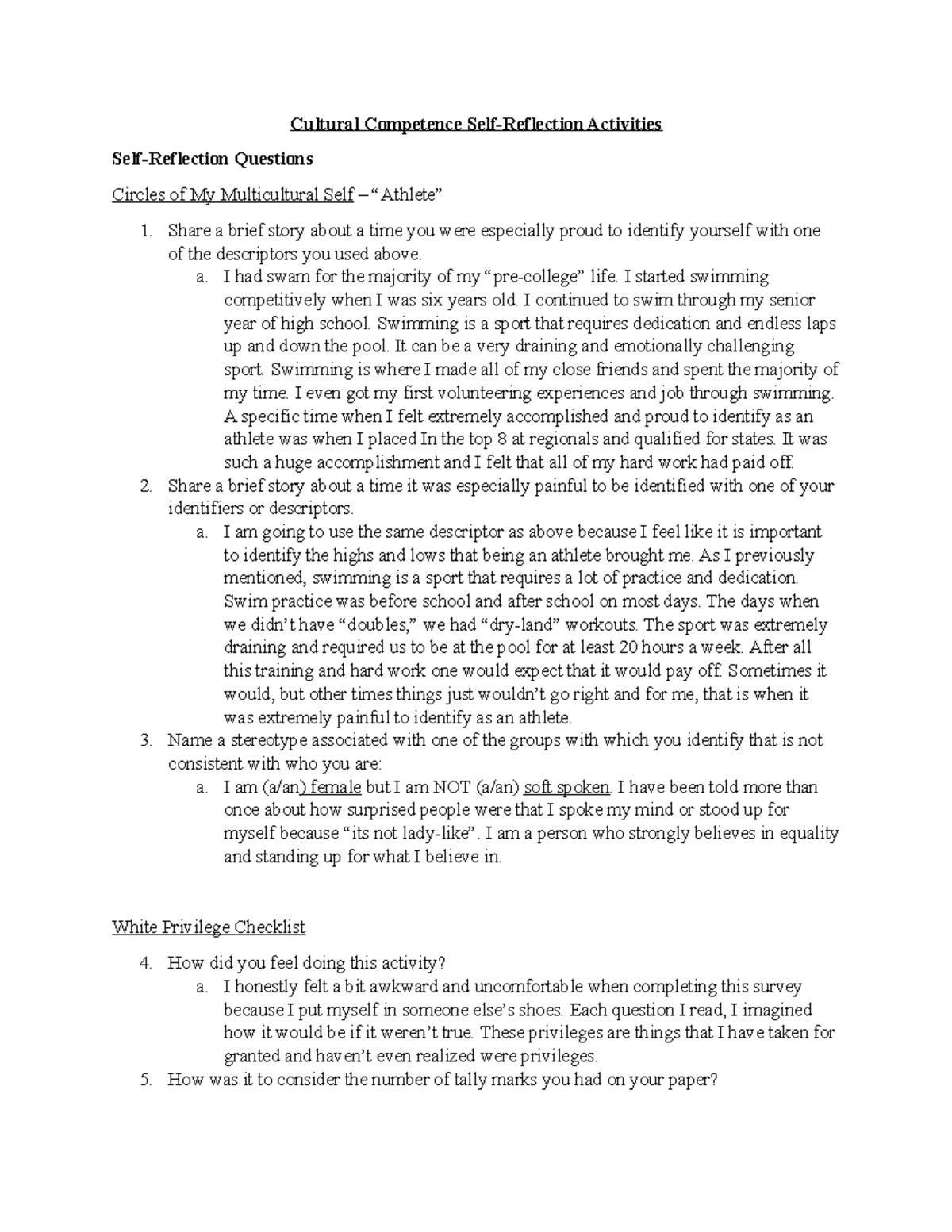 Cultural Competence Reflection Activities - Cultural Competence Self ...