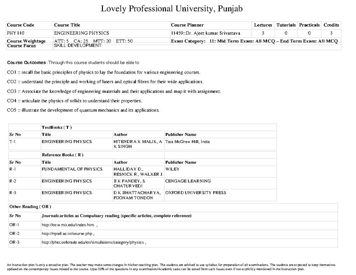PHY110 Engineering Physics - Lovely Professional University, Punjab Course Code Course Title ...