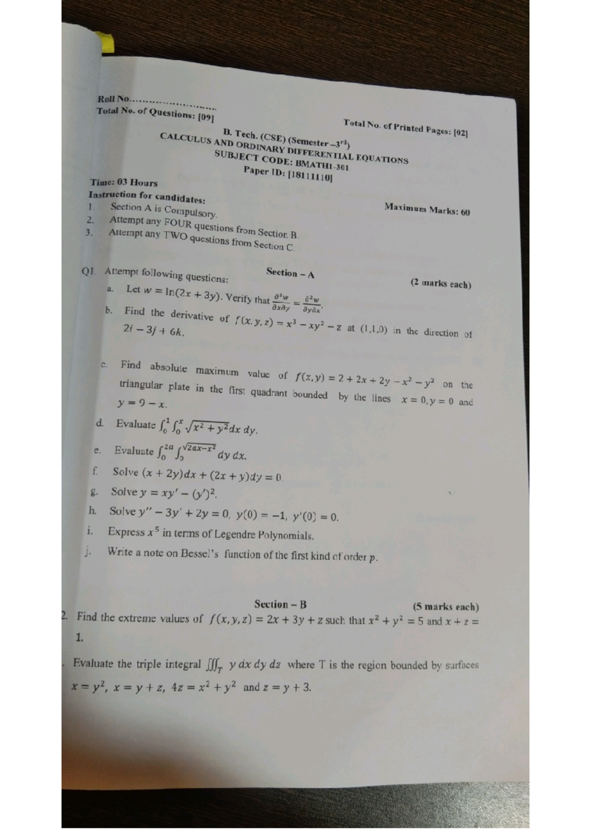 CODE pyq - questionbank - Roll No Total No. of Printed Pages: Total No. of Questions: B. Tech ...