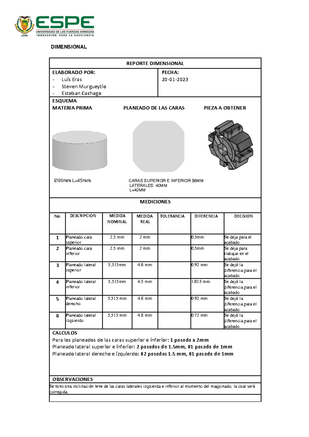 Hoja MAnufactura - DIMENSIONAL REPORTE DIMENSIONAL ELABORADO POR ...