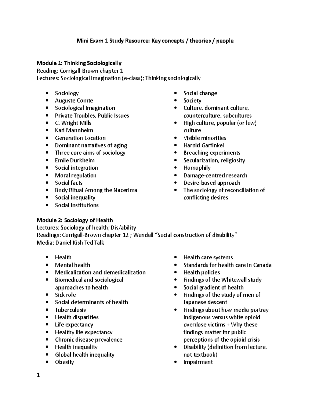 List of key concepts for Mini Exam 1 - Mini Exam 1 Study Resource: Key ...