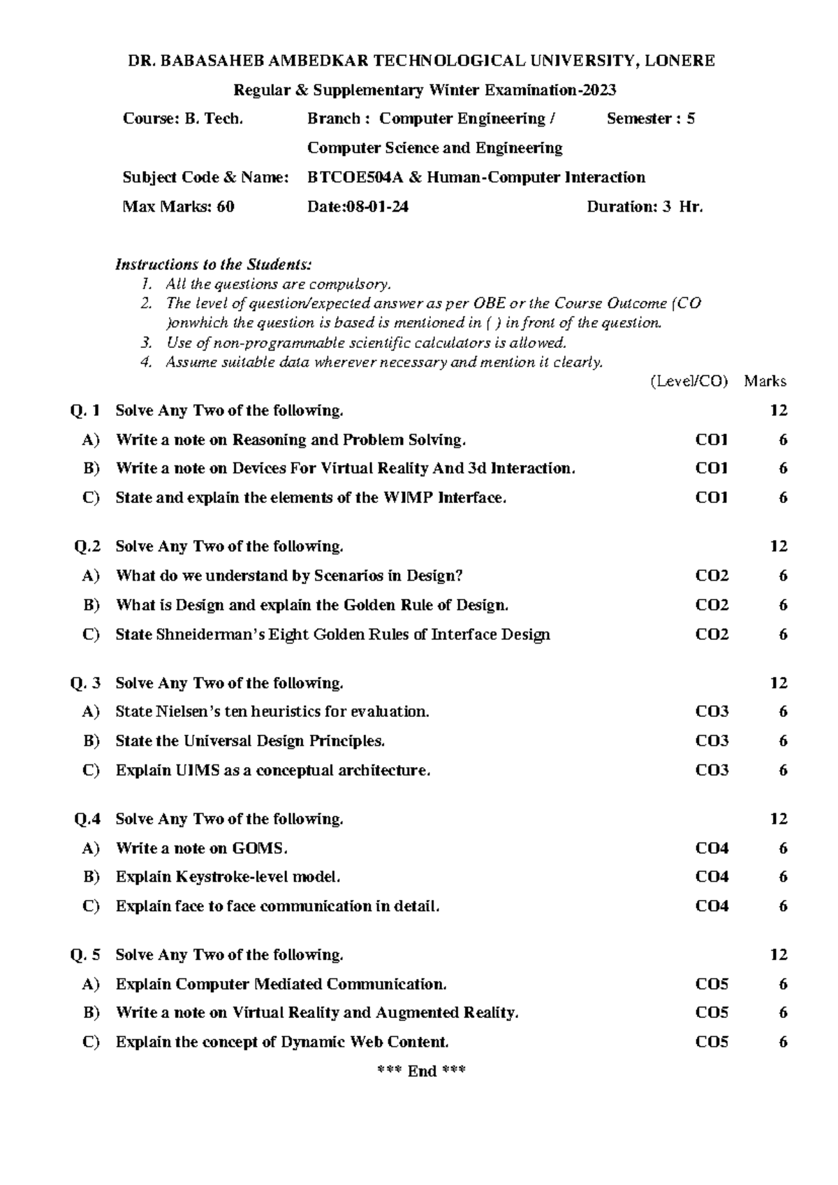 Human Computer Interaction Course B Tech Branch Computer Engineering Computer Science