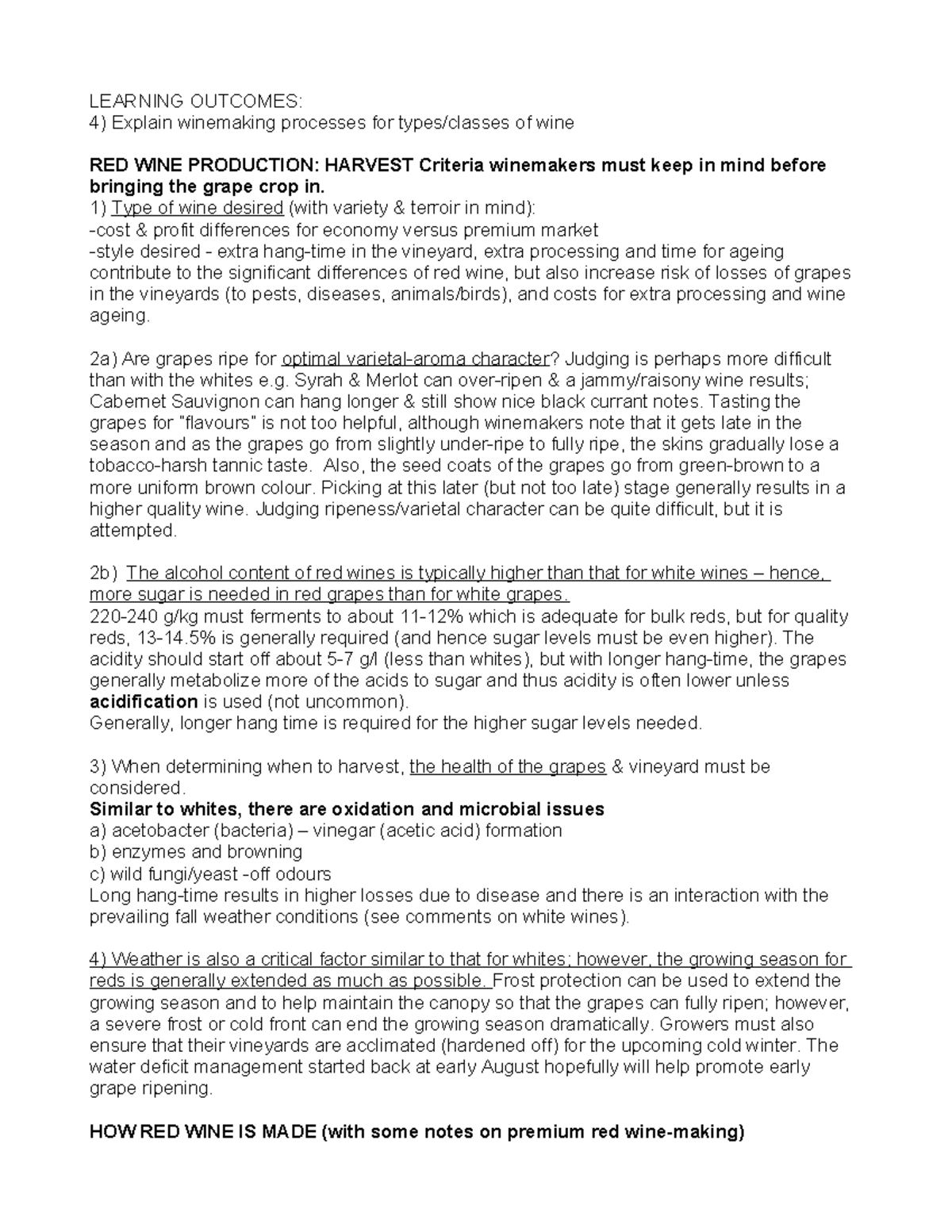 FNH 330 Red Winemaking - Summary Introduction To Wine Science 1 ...