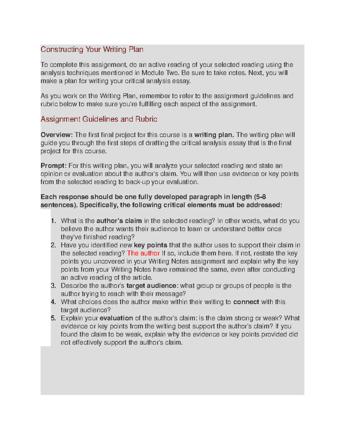 Constructing Your Writing Plan - Be sure to take notes. Next, you will ...