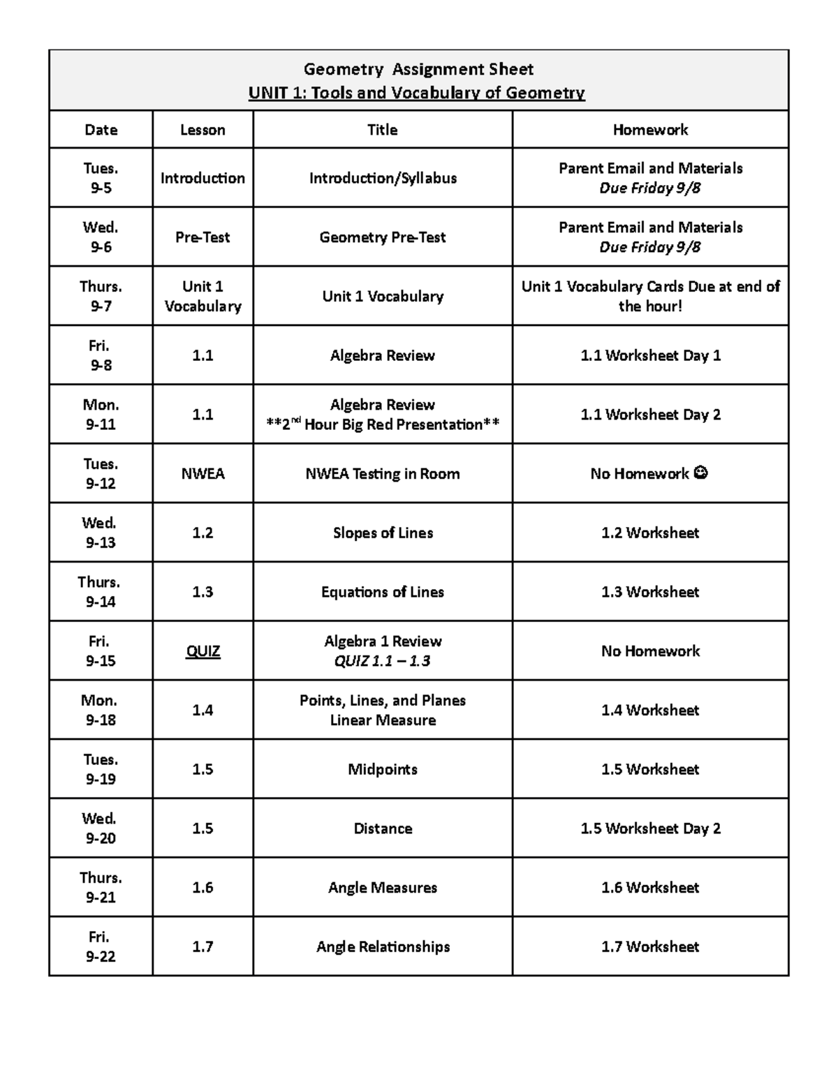 Geometry unit 1 assignment sheet and vocab - Geometry Assignment Sheet ...