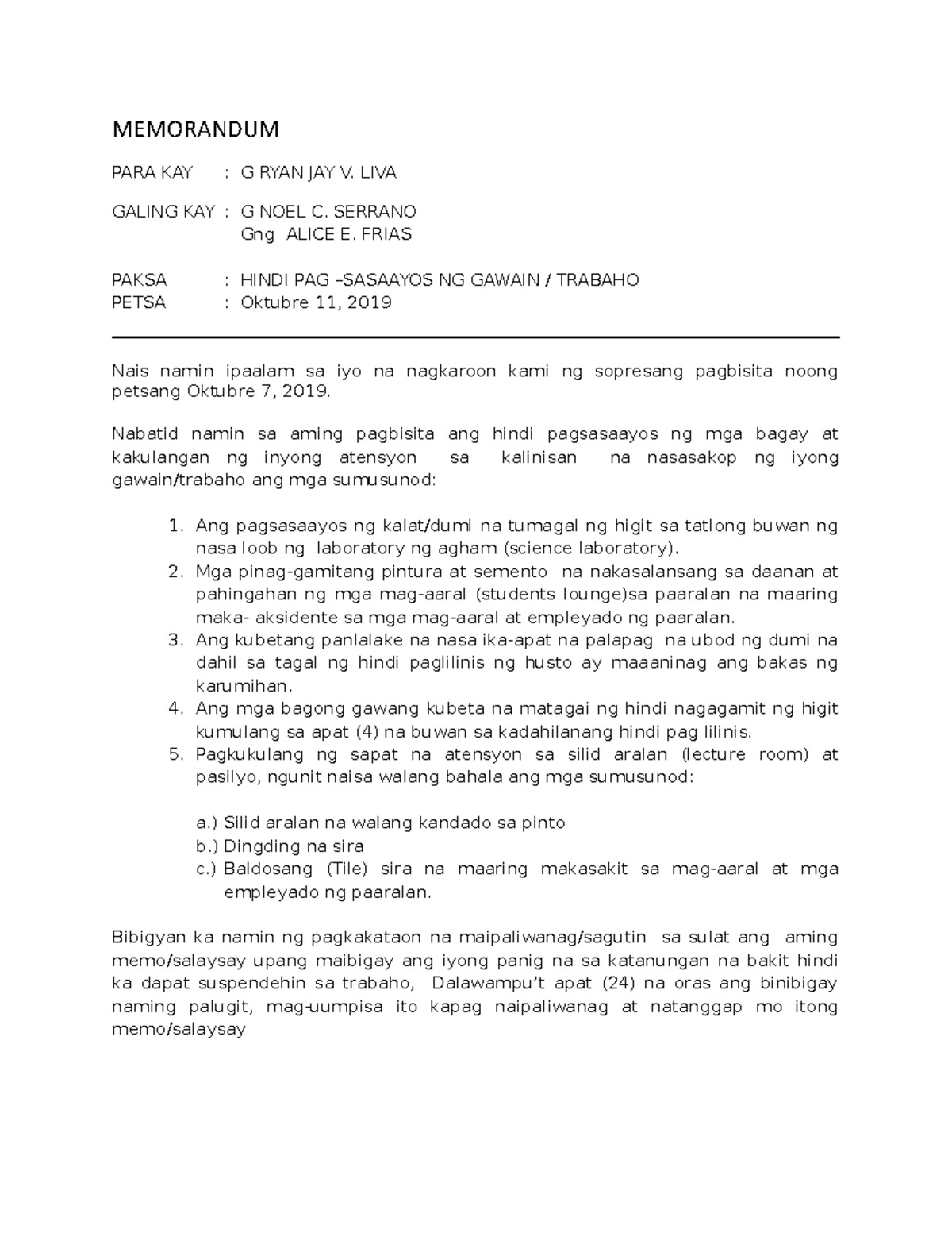Memo2 - Lecture notes 1-19 - MEMORANDUM PARA KAY : G RYAN JAY V. LIVA ...