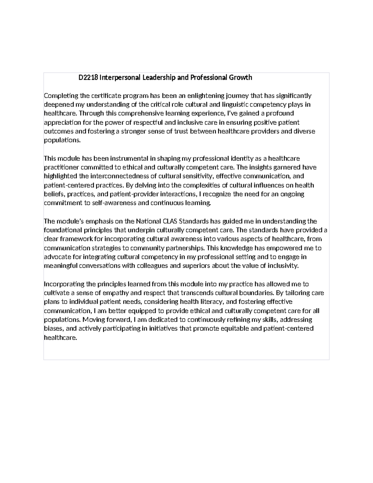 D218 - personal Development Plan. - D2218 Interpersonal Leadership and ...