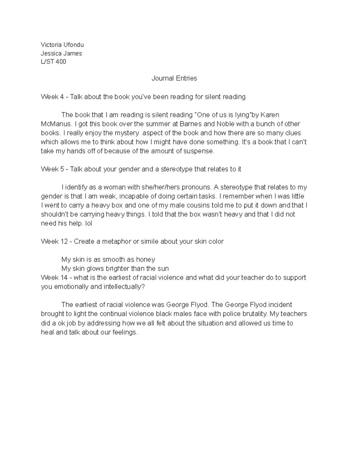 L St 400 reading logs - journal entries for every class day - Victoria ...