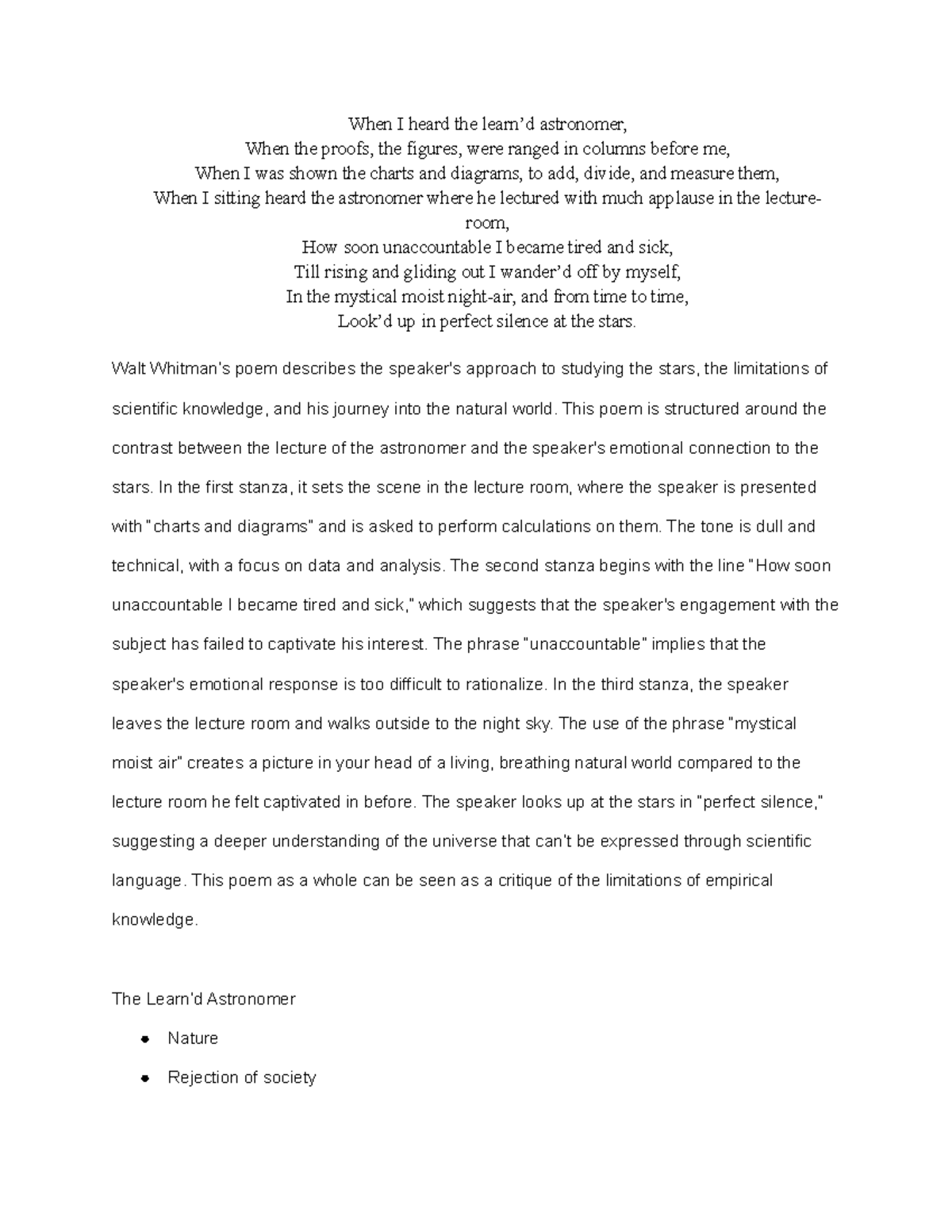 ENG 130 Week 7 Analysis - When I heard the learn’d astronomer, When the ...