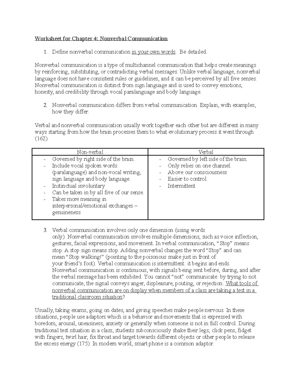 Chapter 4 Worksheet - Worksheet for Chapter 4: Nonverbal Communication ...
