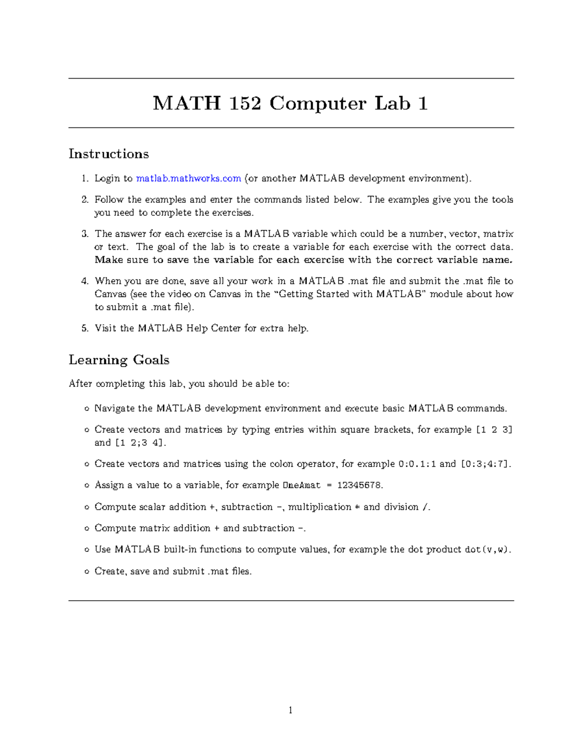 Lab1 - This is a document - MATH 152 Computer Lab 1 Instructions Login tomatlab.mathworks(or ...