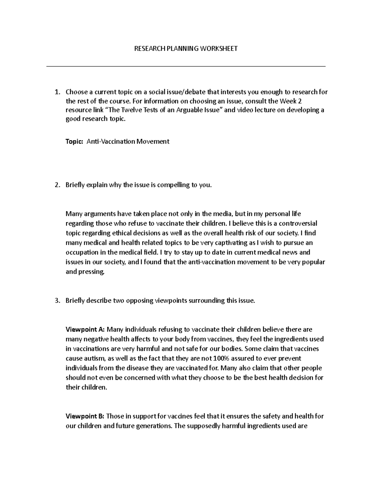 Research Planning Worksheet - RESEARCH PLANNING WORKSHEET 1. Choose a ...