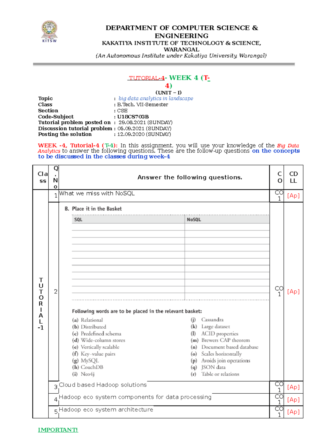 BDA Tutorial Week4 - DEPARTMENT OF COMPUTER SCIENCE & ENGINEERING KAKATIYA INSTITUTE OF - Studocu