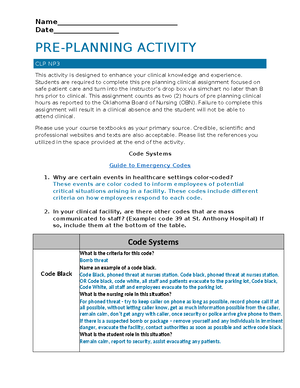 Pre plan number 1 - clinical - NUR 2535 - Studocu