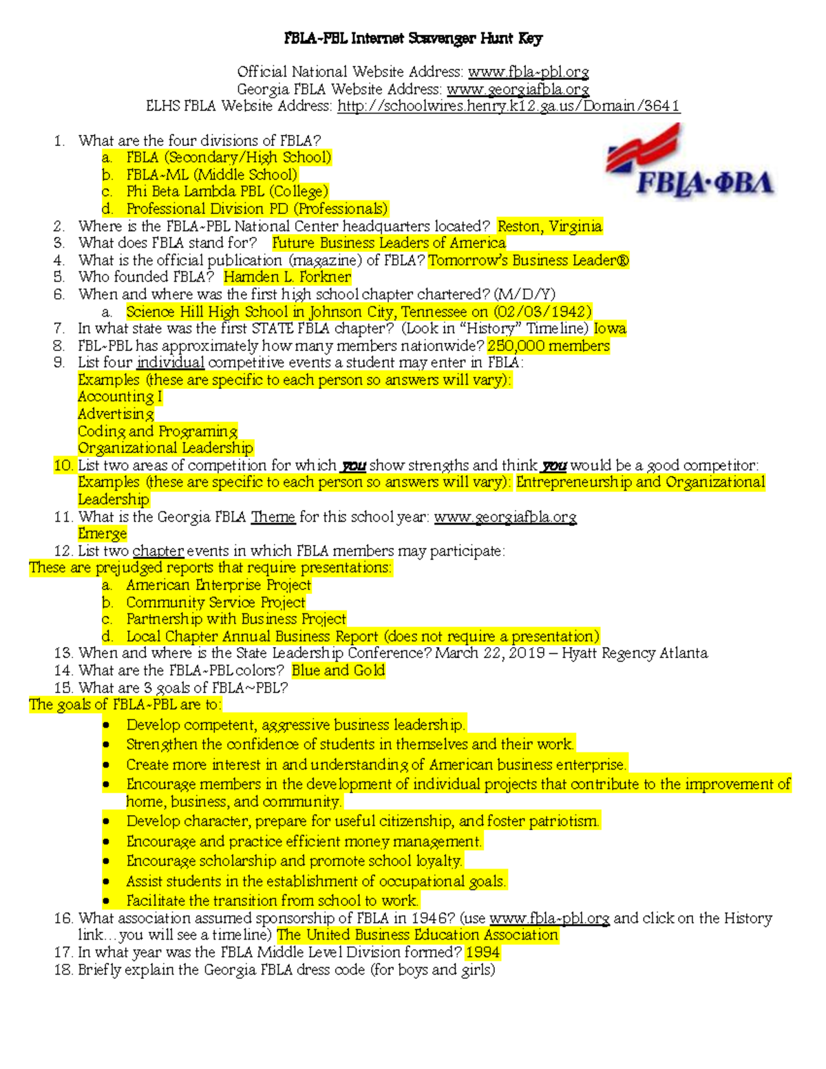 FBLA Scavenger Hunt Key - FBLA-PBL Internet Scavenger Hunt Key Official ...