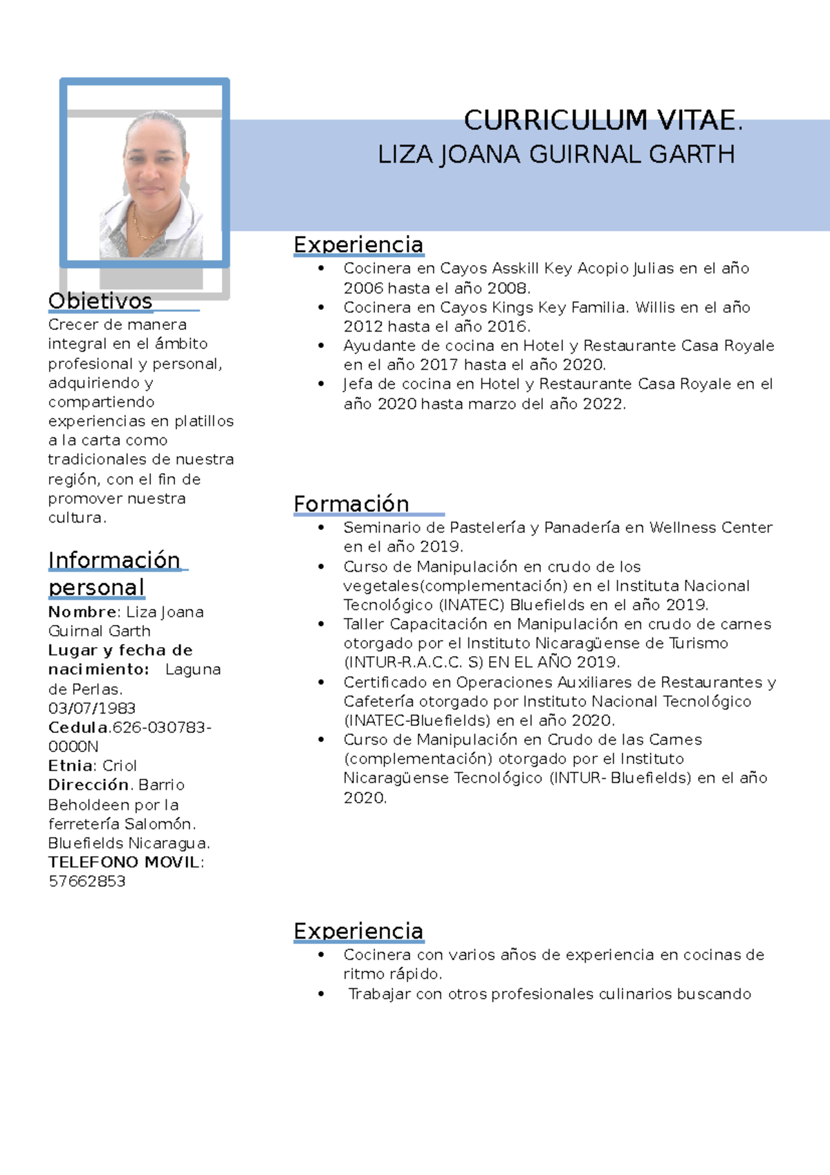 Curriculum Liza Garth - estudios - Objetivos Crecer de manera integral ...