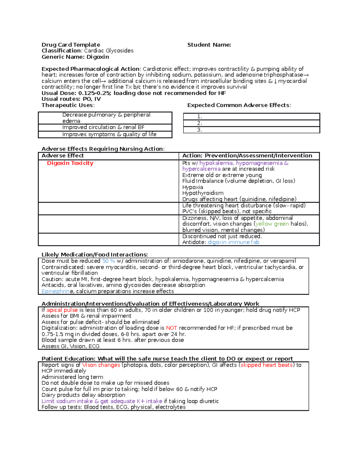 Heart failure prototypes - Drug Card Template Student Name ...