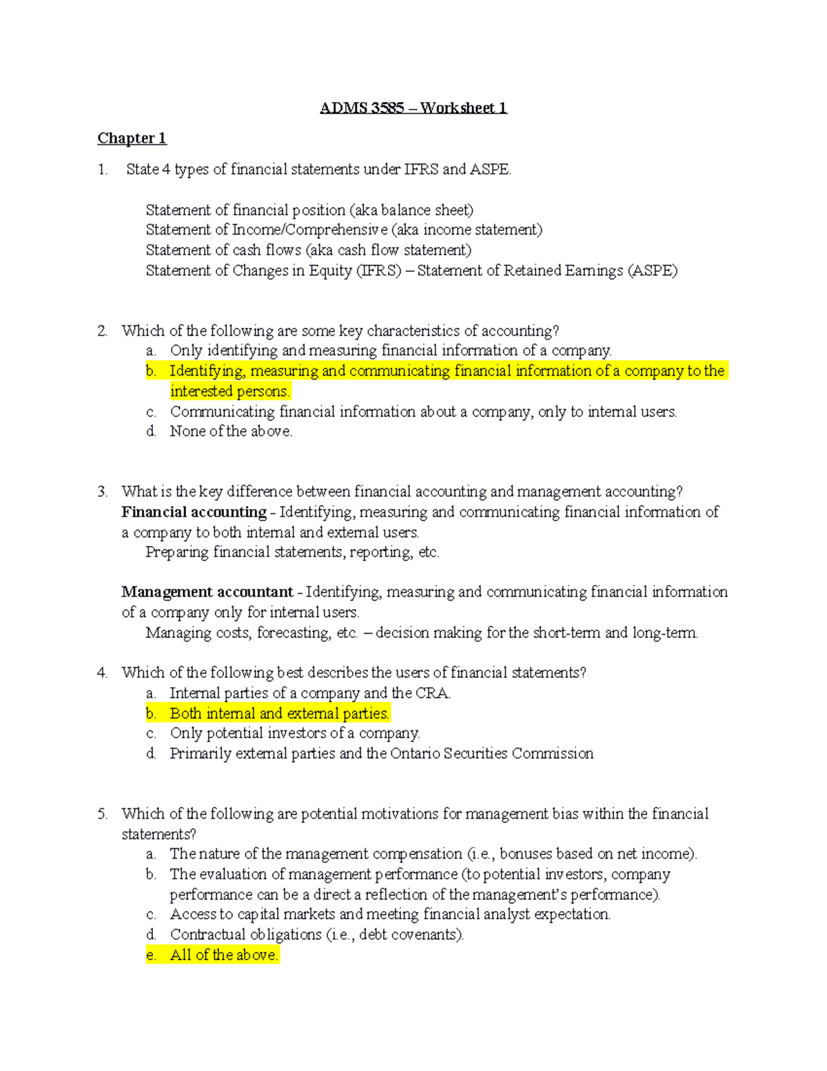 ADMS 3585 - Worksheet 1 CH 1 - ADMS 3585 – Worksheet 1 Chapter 1 State ...