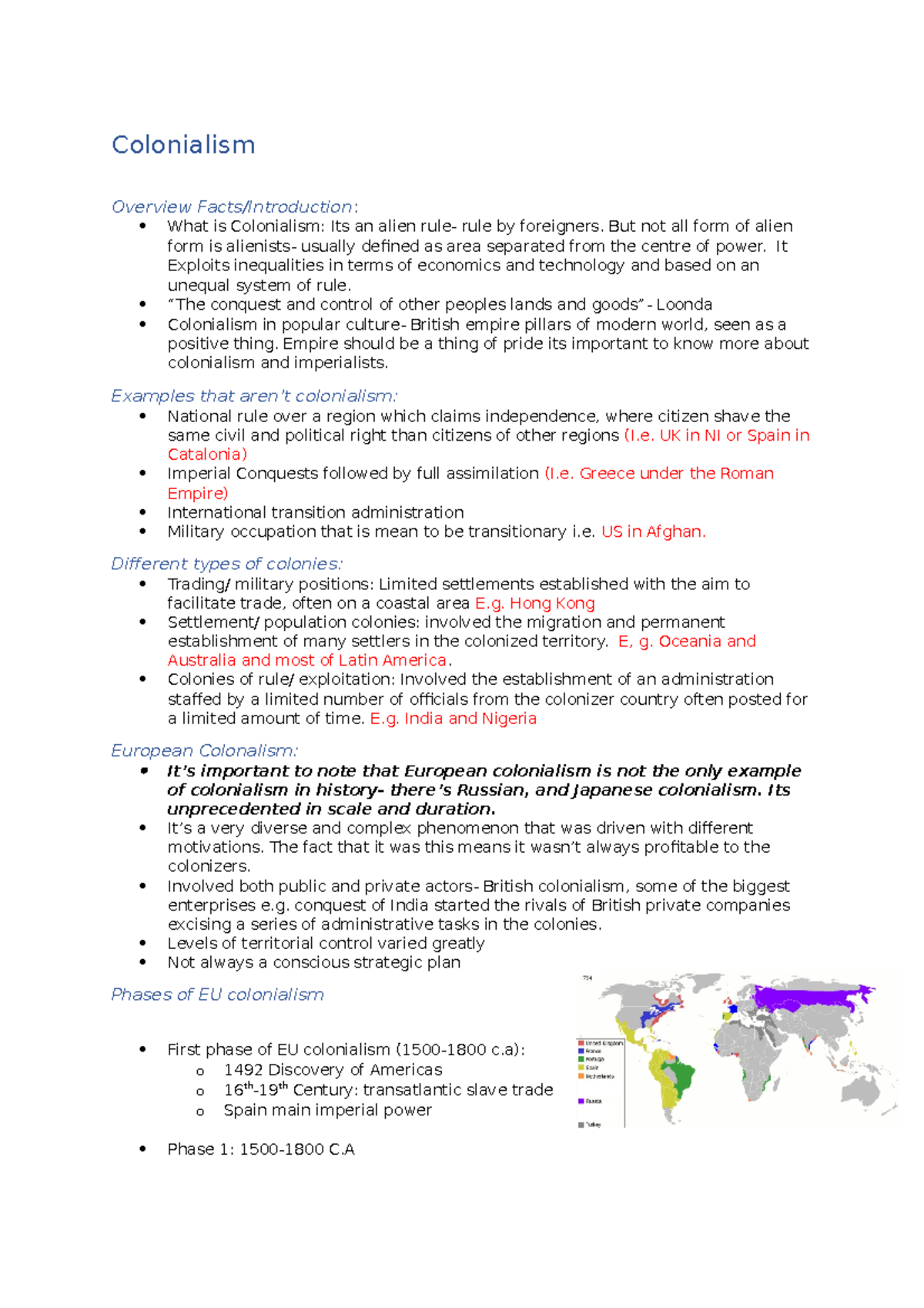 Lecture 2 notes - Colonialism Overview Facts/Introduction: What is ...