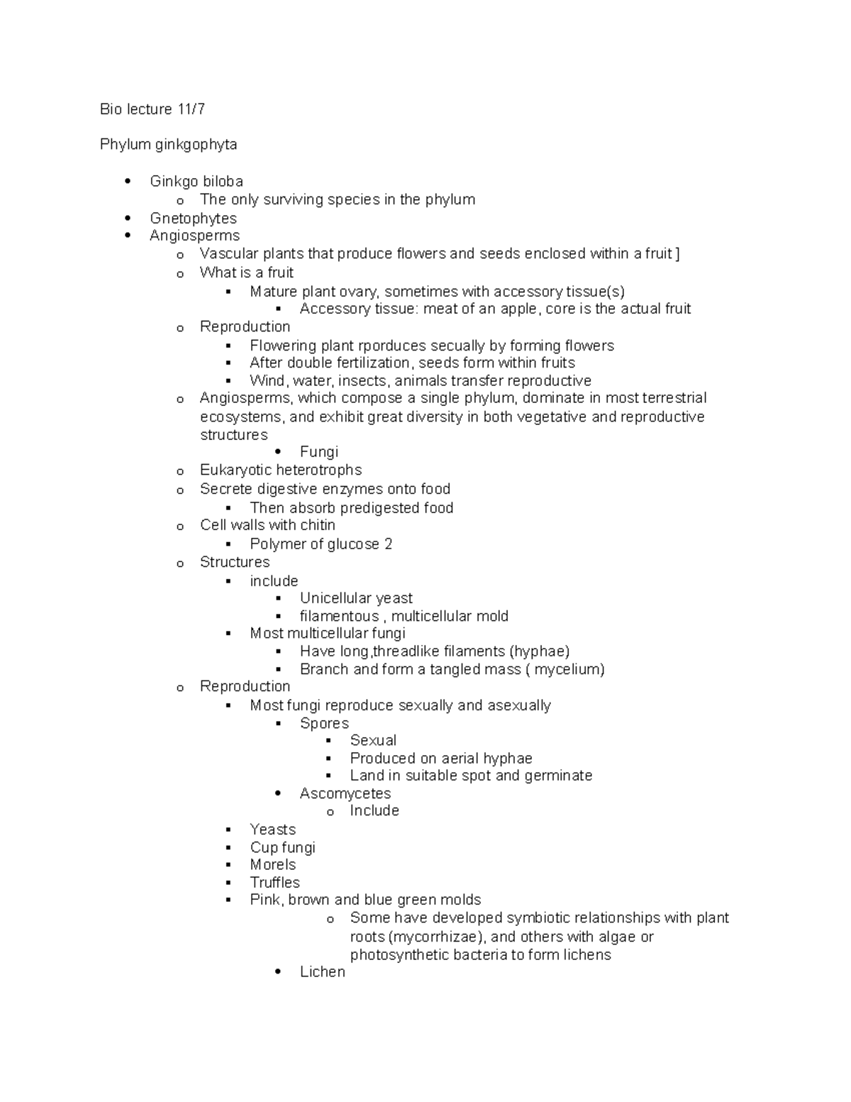 Bio lecture 11:7 - FUNGI - Bio lecture 11/7 Phylum ginkgophyta Ginkgo ...
