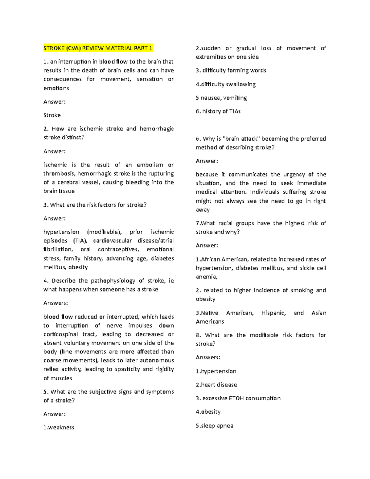 PART 1 Stroke Review Material - STROKE (CVA) REVIEW MATERIAL PART 1 an ...