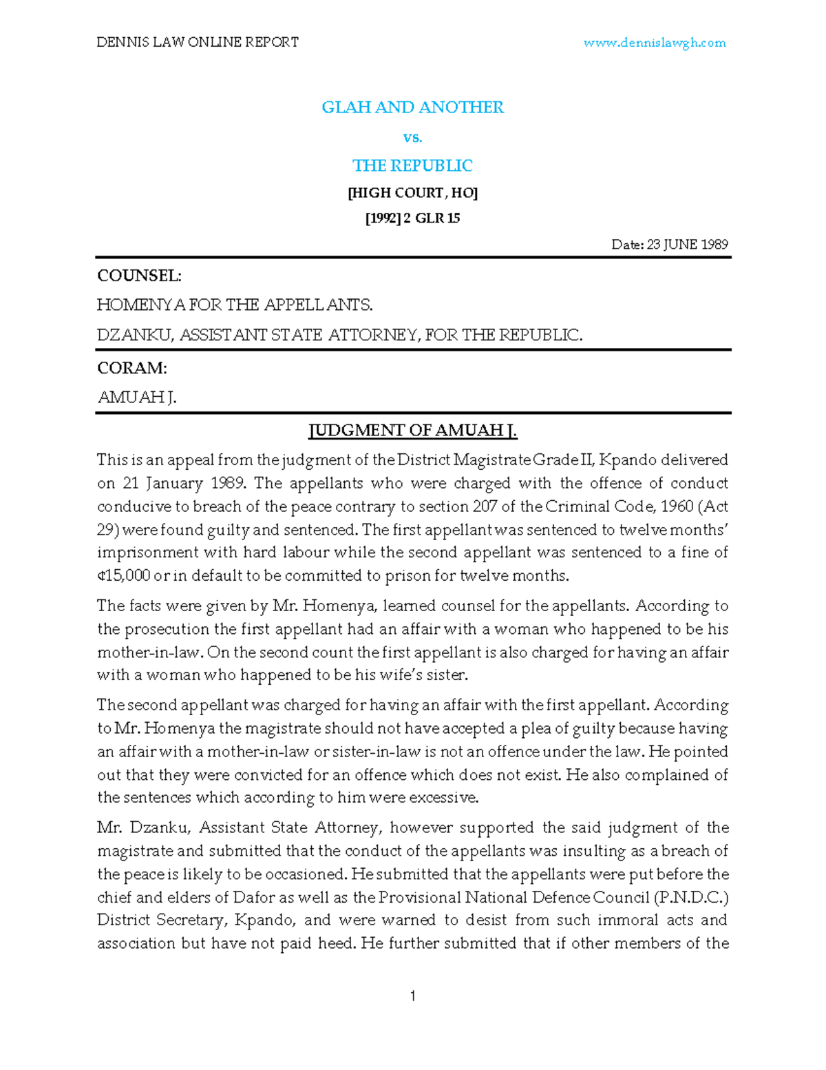 Glah vs The Rep (1992) - case - DENNIS LAW ONLINE REPORT dennislawgh 1 ...